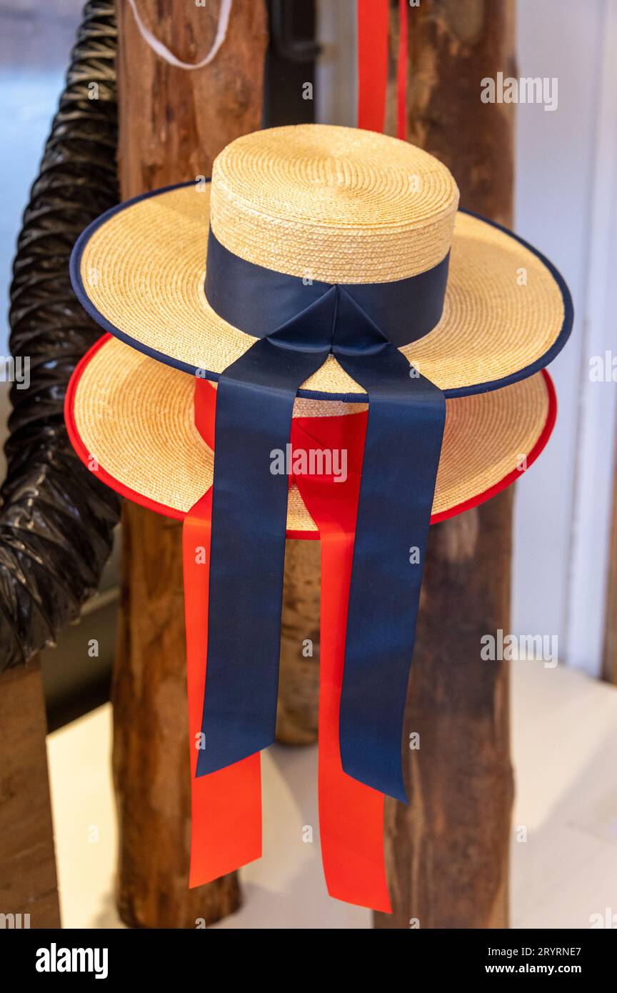 A display of traditional gondolier boater straw hats (canotier) on sale ...
