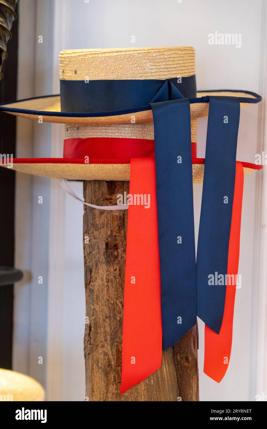 A display of traditional gondolier boater straw hats (canotier) on sale ...