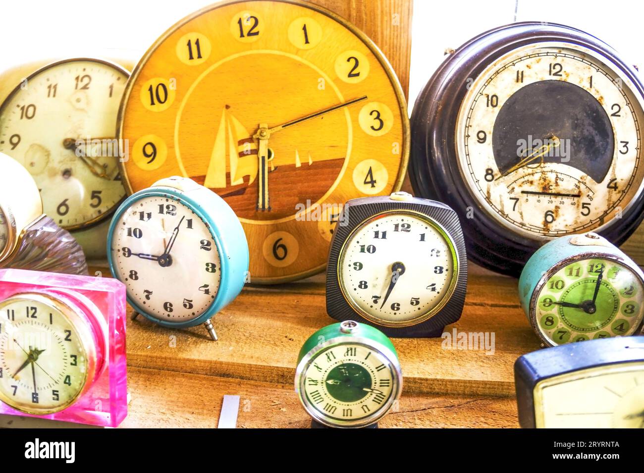 Old bracket, retro alarm clocks. Vintage group of alarm clocks. Concept ...