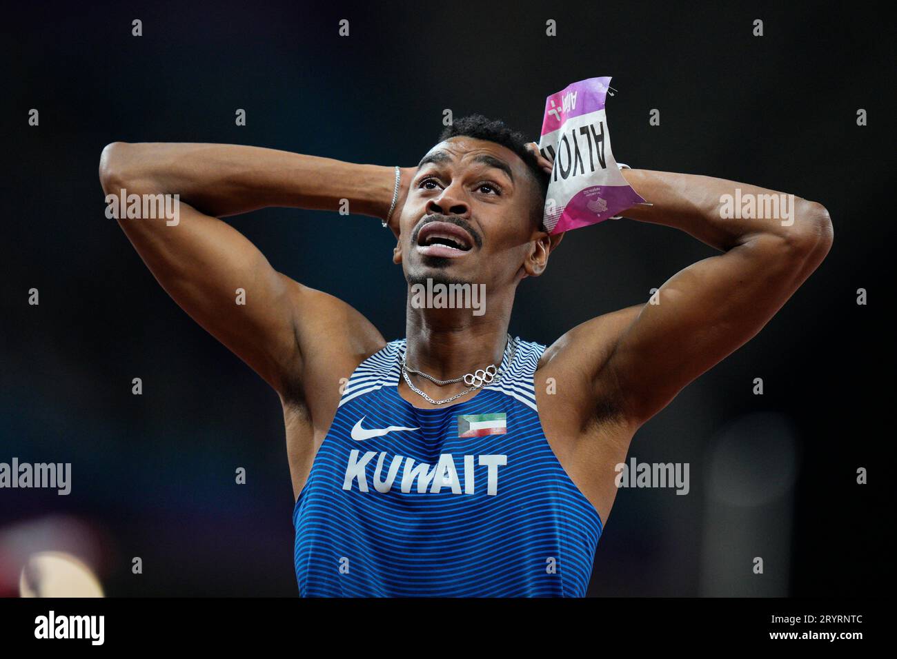 Kuwait's Yaqoub Alyouha celebrates after winning the men's 110-meter ...