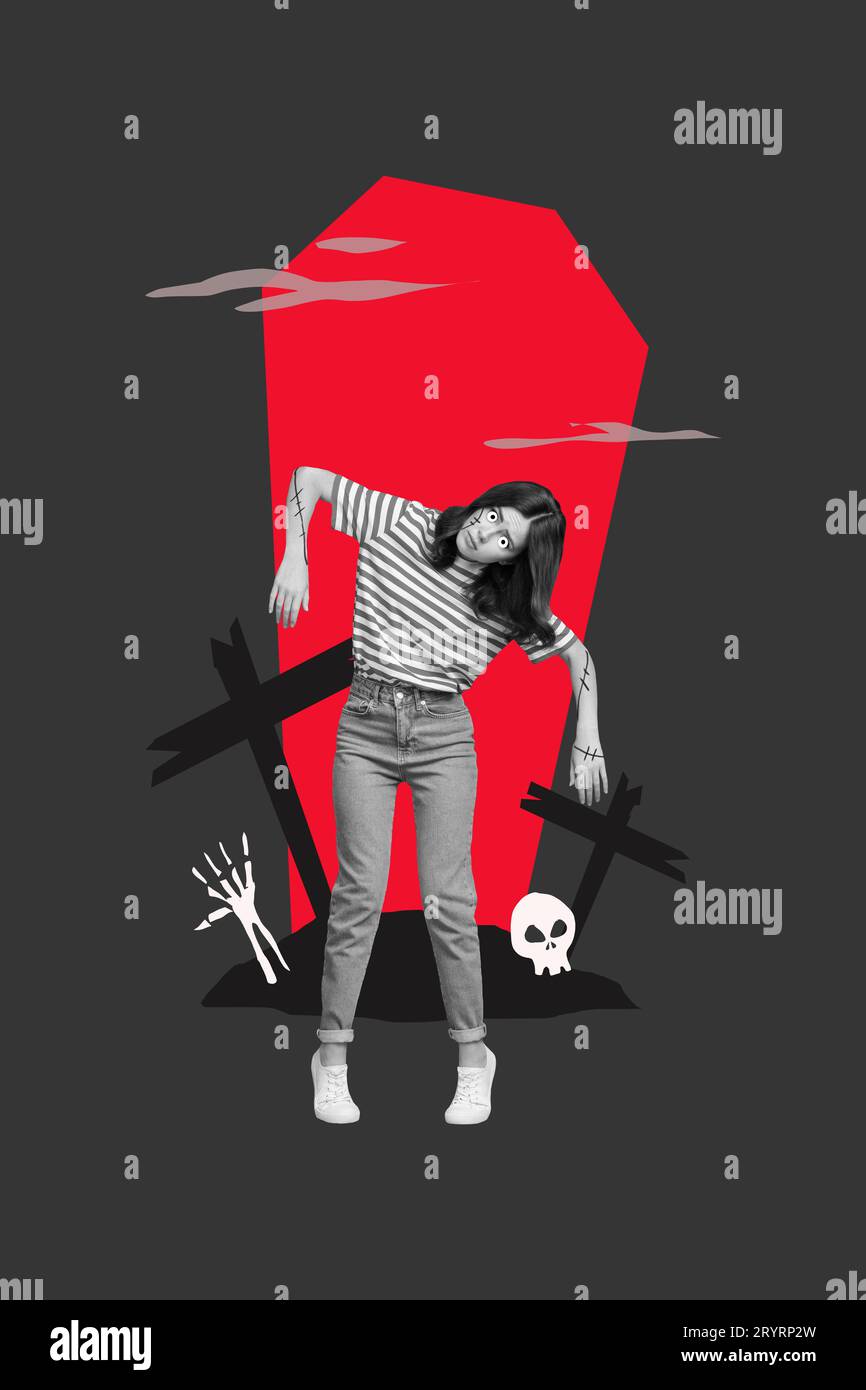 Picture vertical collage of young funny scary girl zombie walk night ...