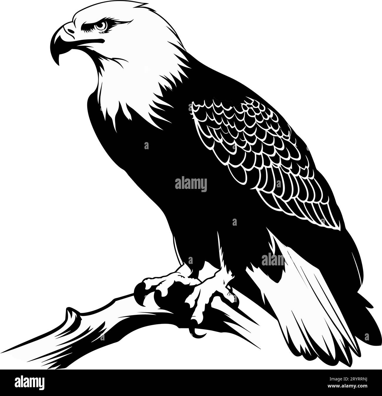 Vector illustration of a black silhouette of a standing eagle. Isolated white background. Eagle ...