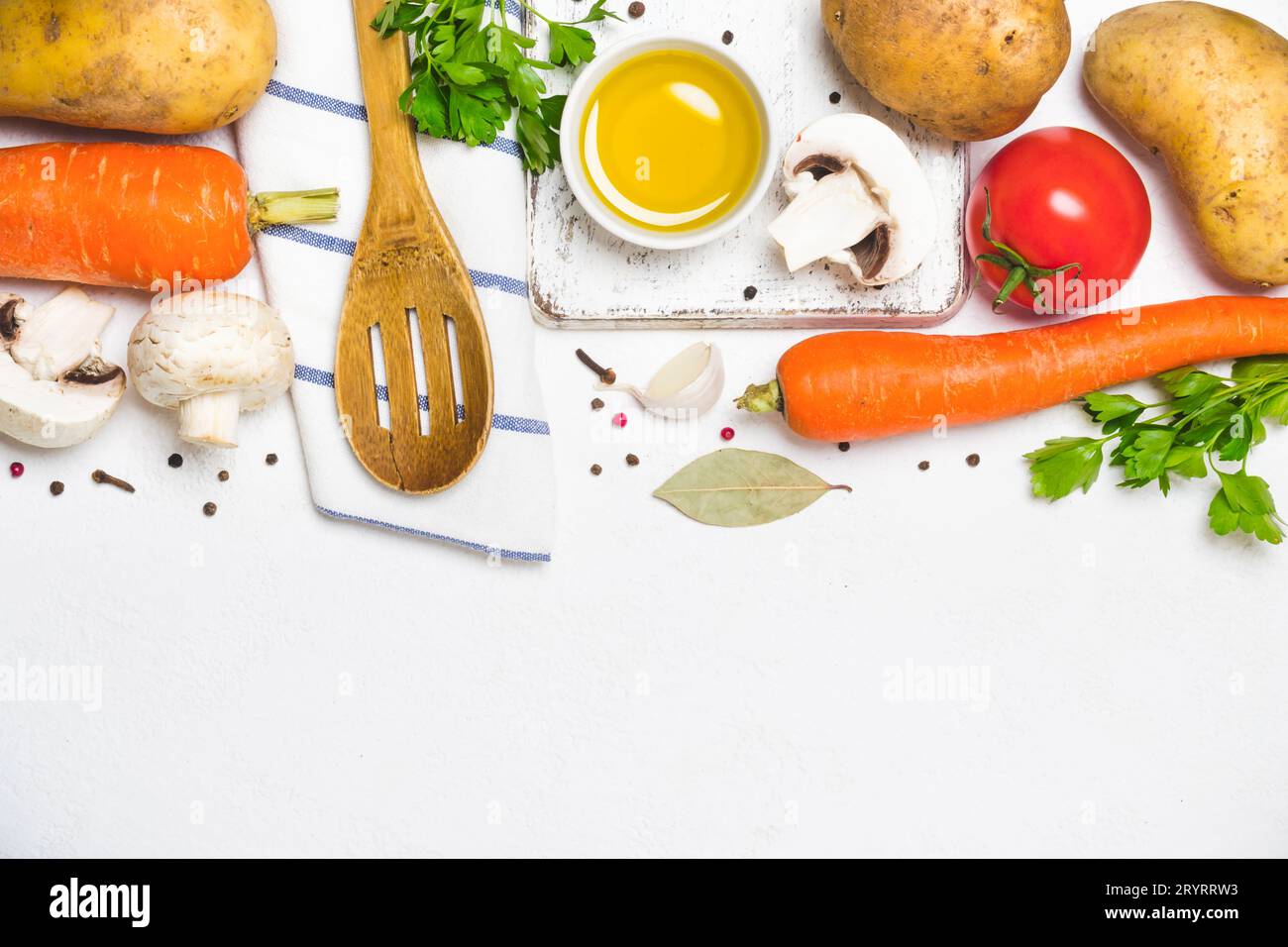 Food cooking background. Fresh vegetables, spices and mushrooms on ...