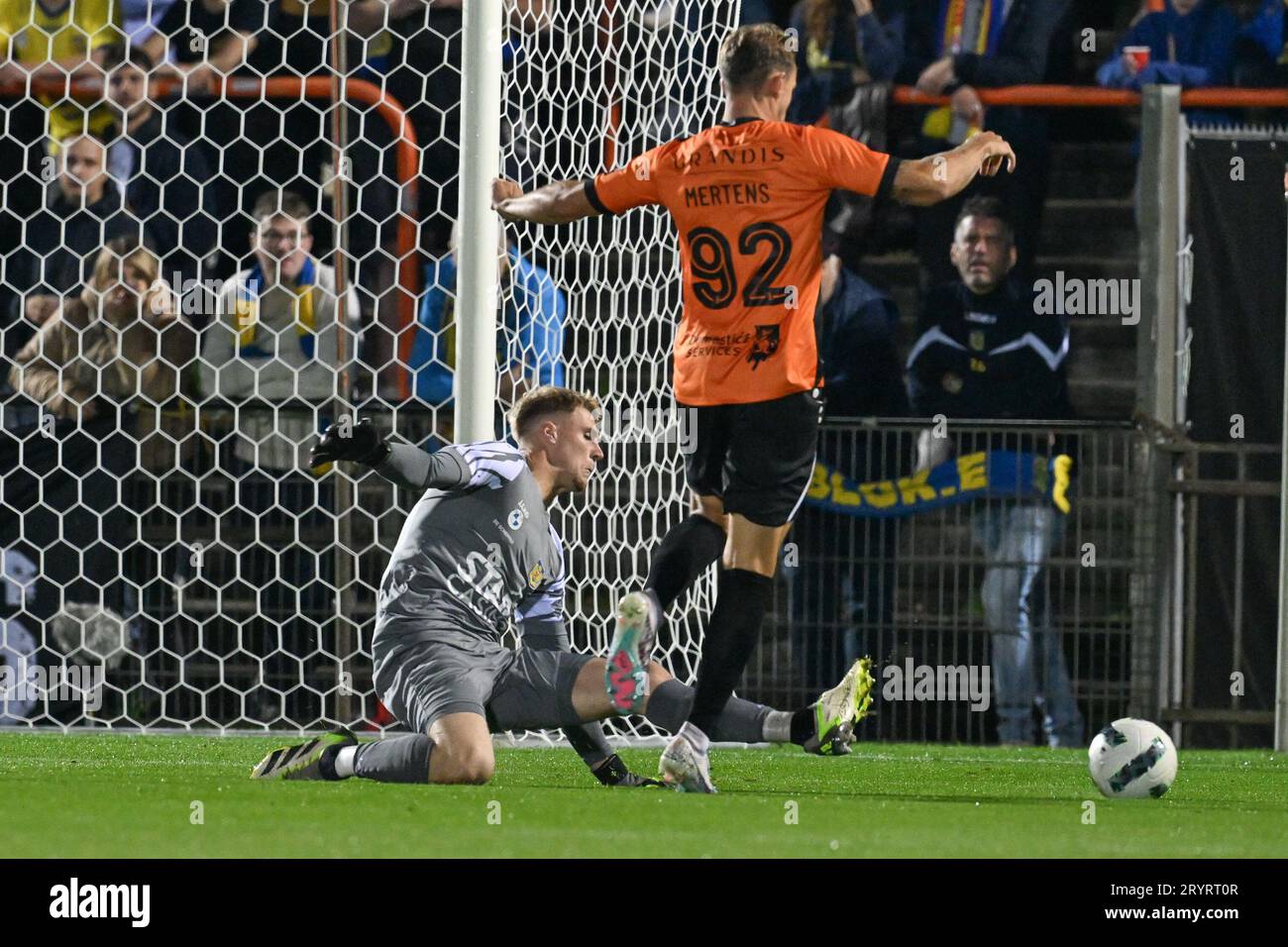 goalkeeper Beau Reus (12) of SK Beveren and Lennart Mertens (92) of ...