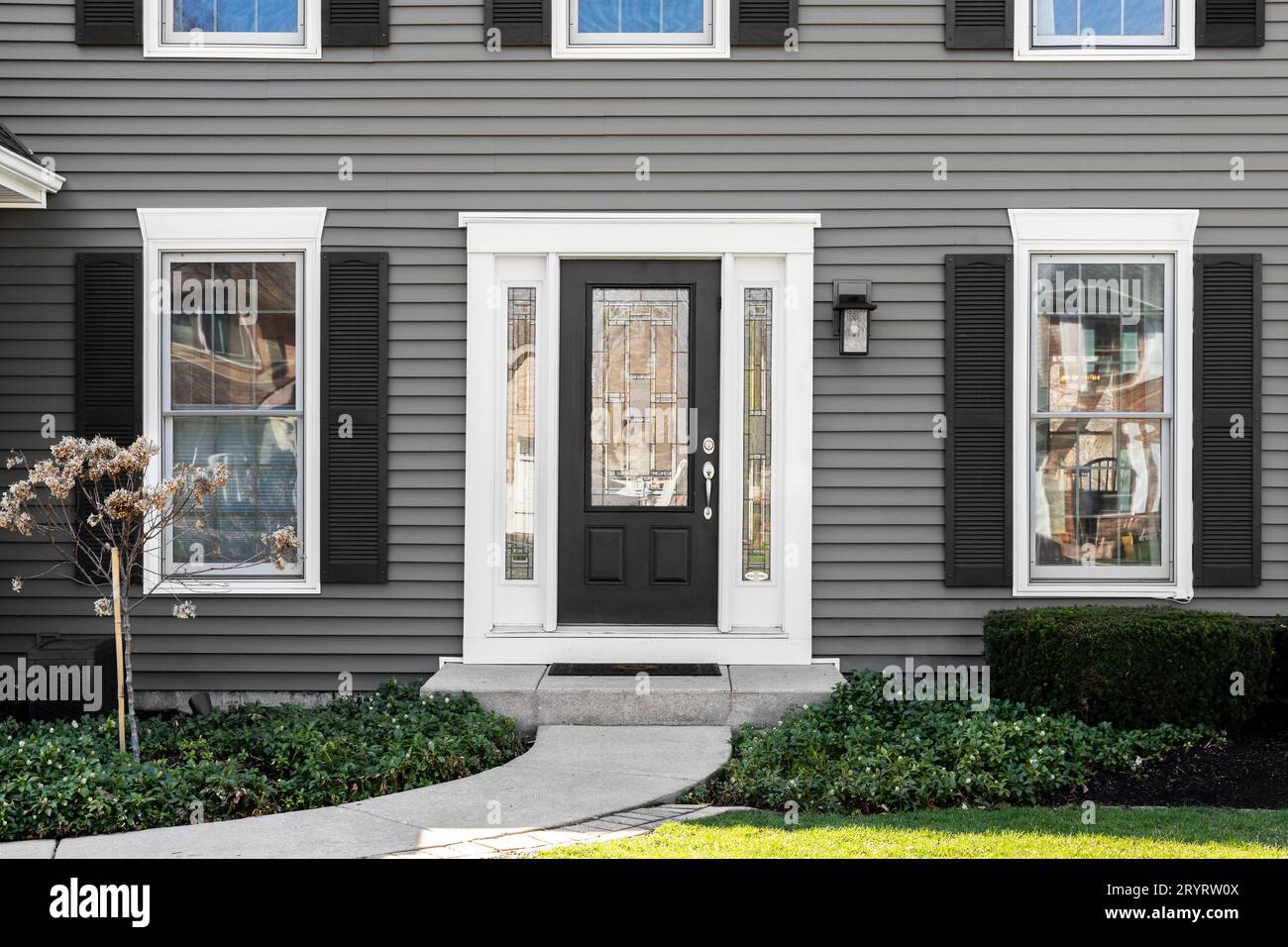 A front door detail on a dark grey suburban home with a black and glass ...