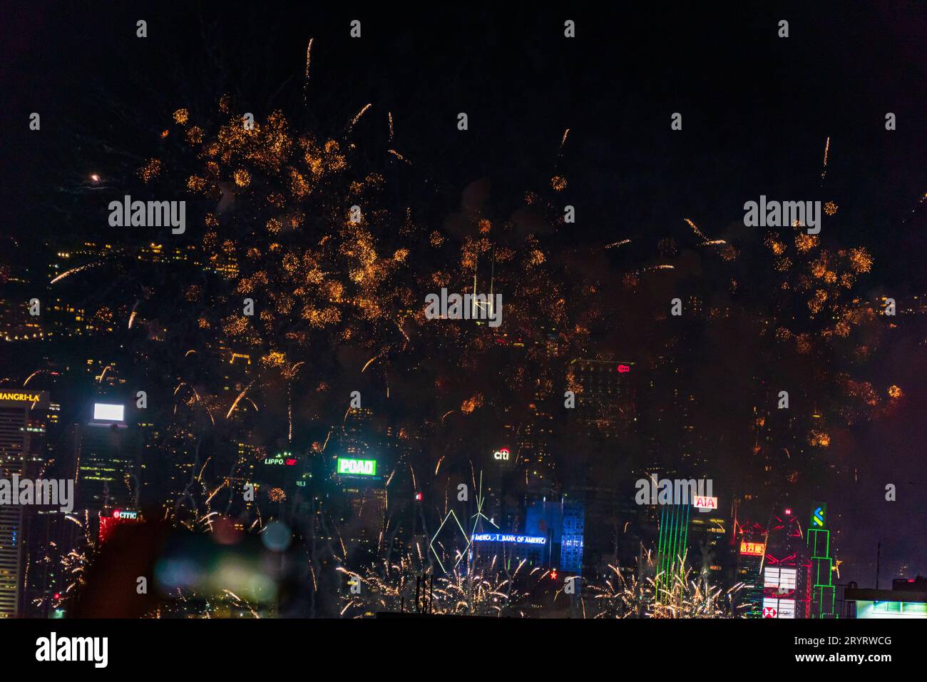 Colourful Fireworks with Hong Kong skyscraper skyline night view in the ...