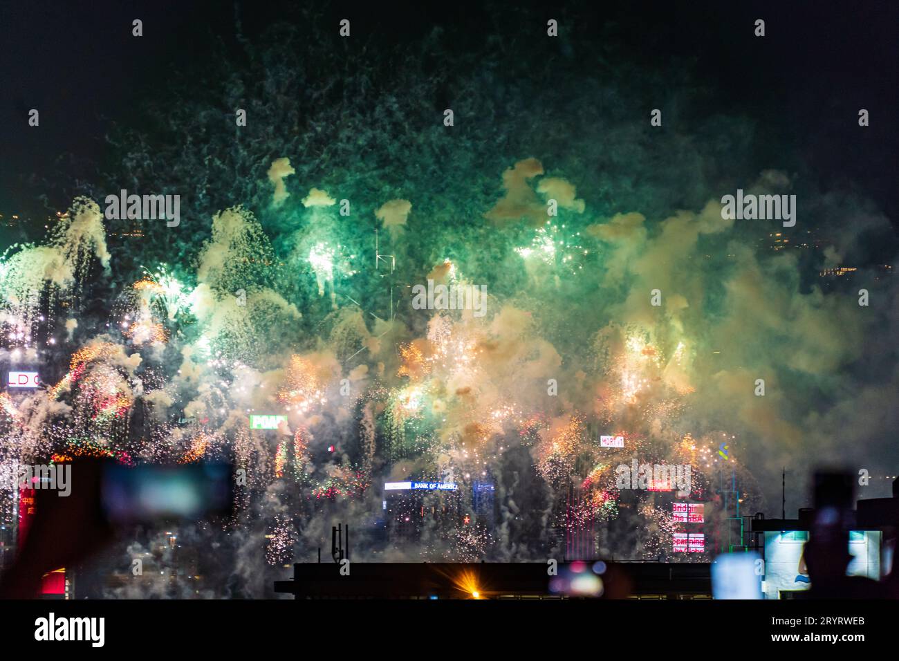 Colourful Fireworks with Hong Kong skyscraper skyline night view in the ...