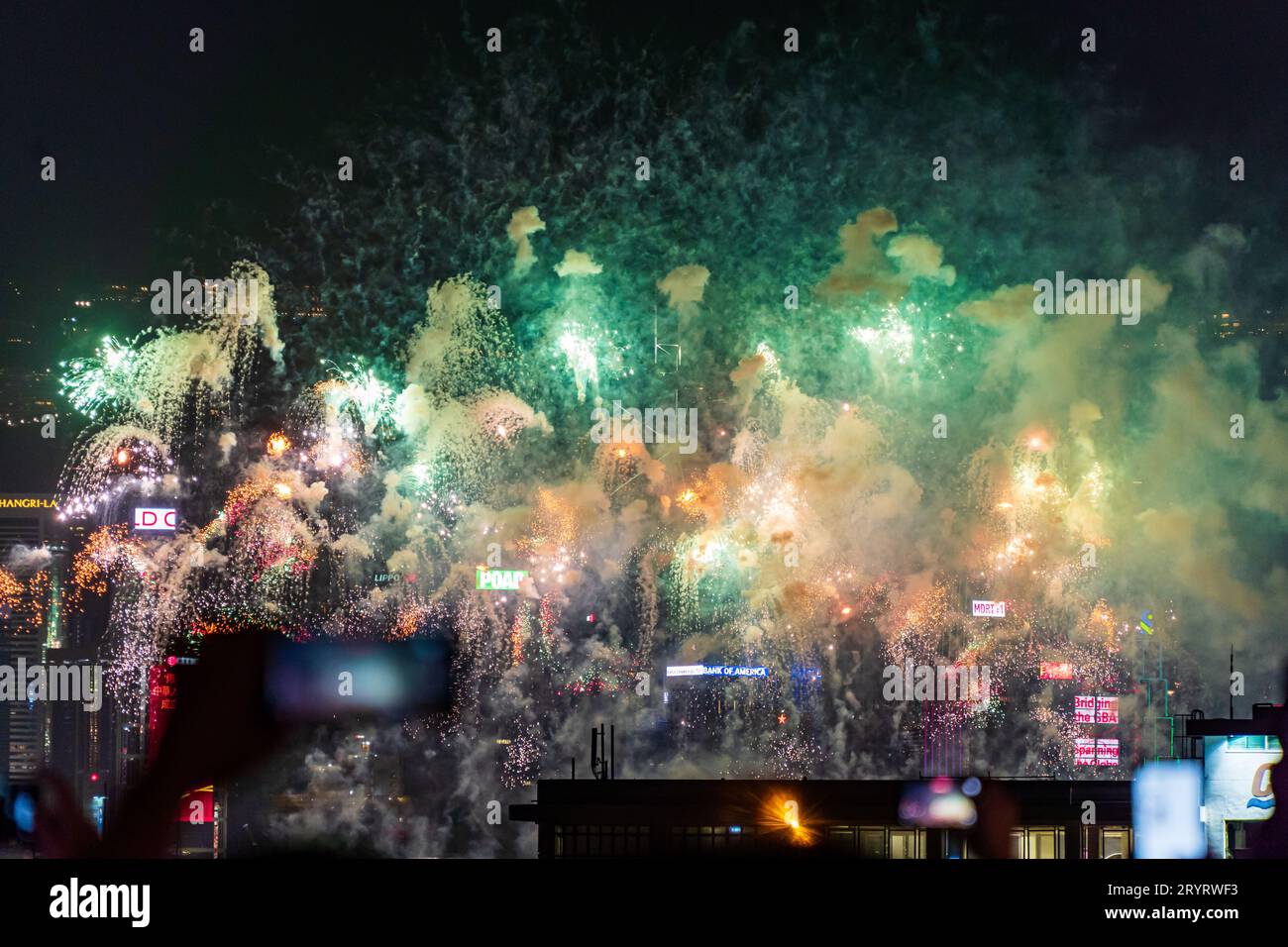 Colourful Fireworks with Hong Kong skyscraper skyline night view in the ...