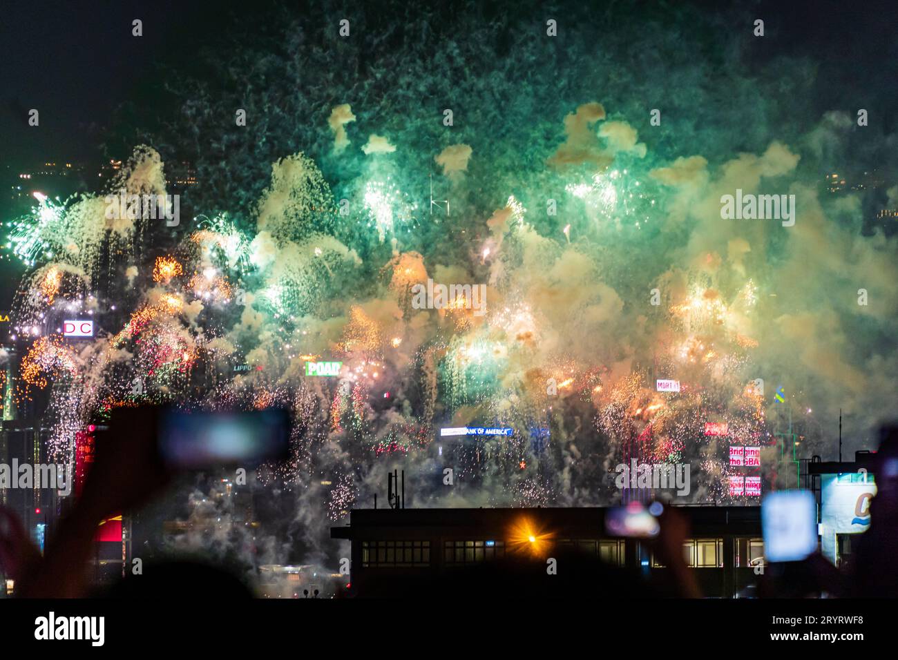 Colourful Fireworks with Hong Kong skyscraper skyline night view in the ...