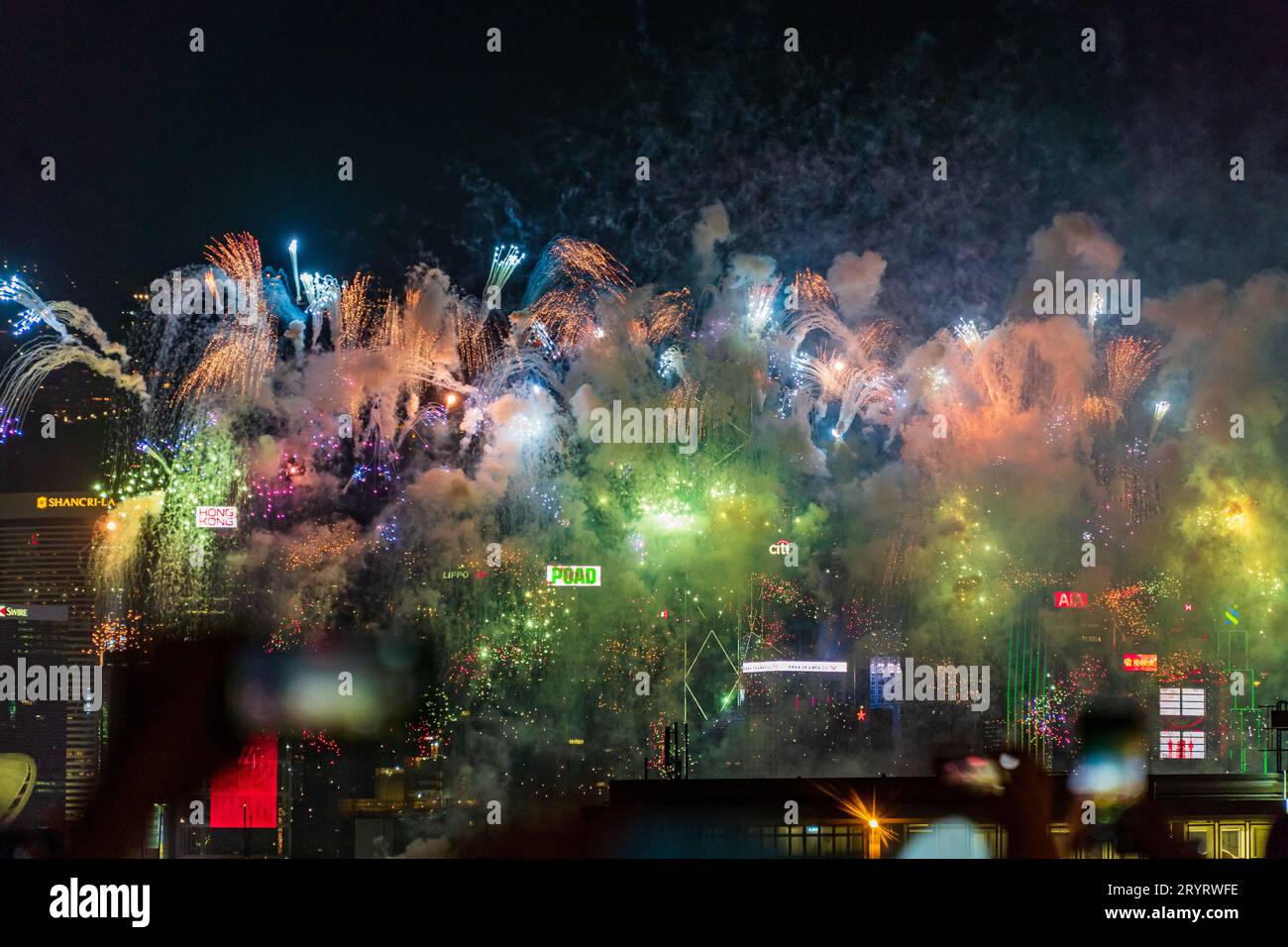 Colourful Fireworks with Hong Kong skyscraper skyline night view in the ...