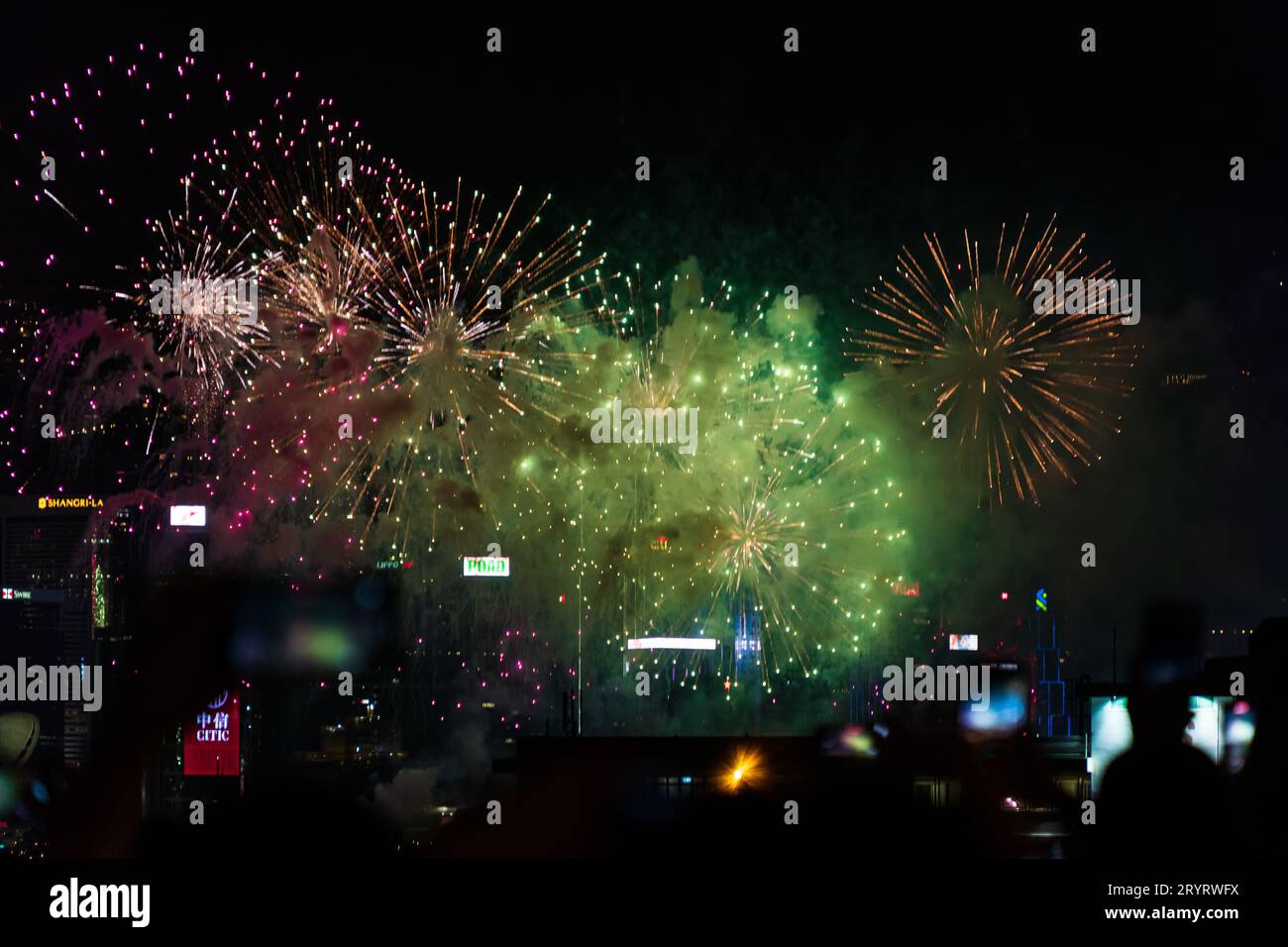 Colourful Fireworks with Hong Kong skyscraper skyline night view in the ...