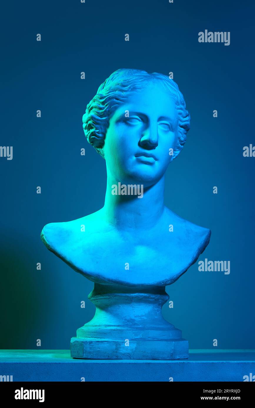 Plaster copy of Venus statue. Gypsum antique statue bust against blue ...
