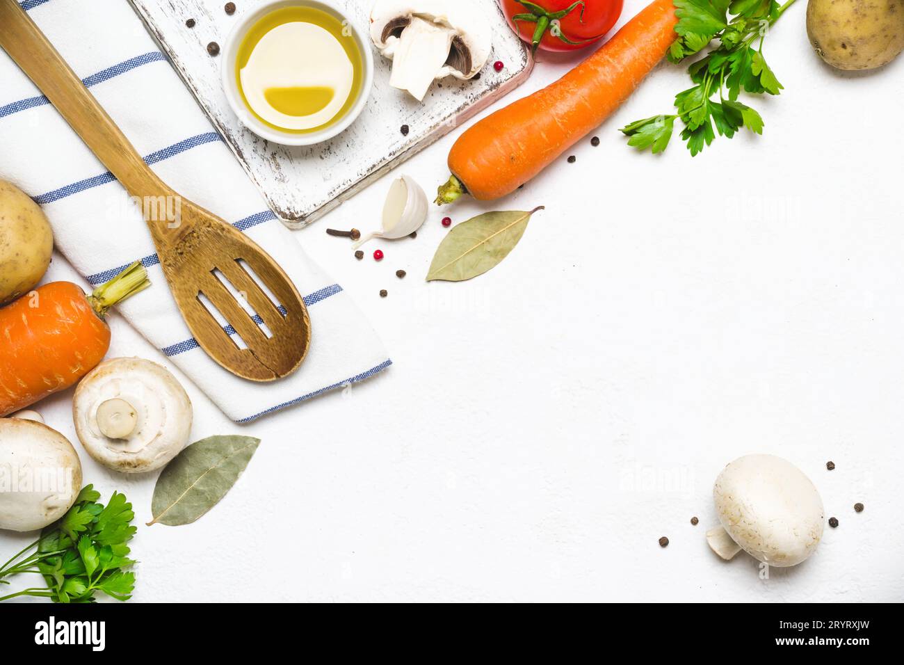 Food cooking background. Fresh vegetables, spices and mushrooms on ...
