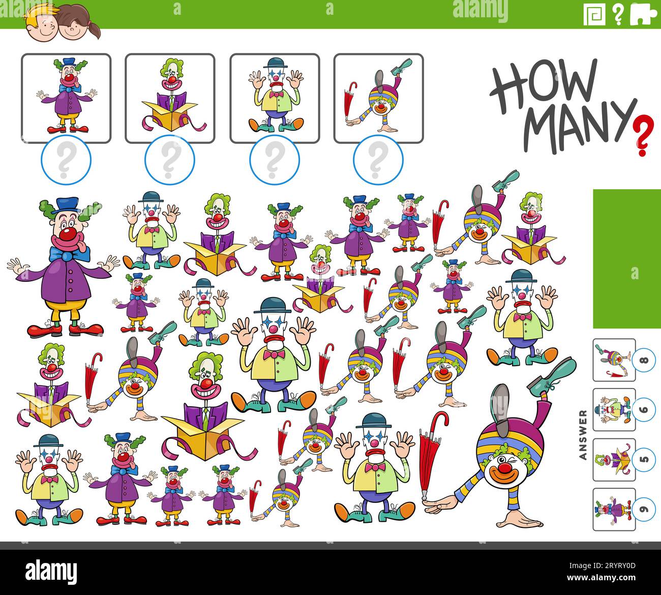 Cartoon illustration of educational counting task with clowns ...