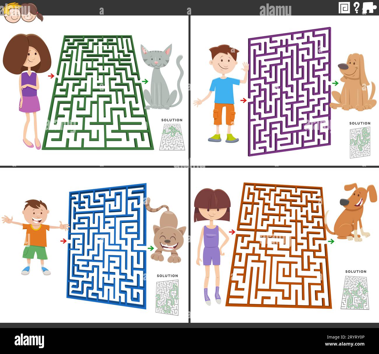 Cartoon illustration of educational maze puzzle games set with children ...