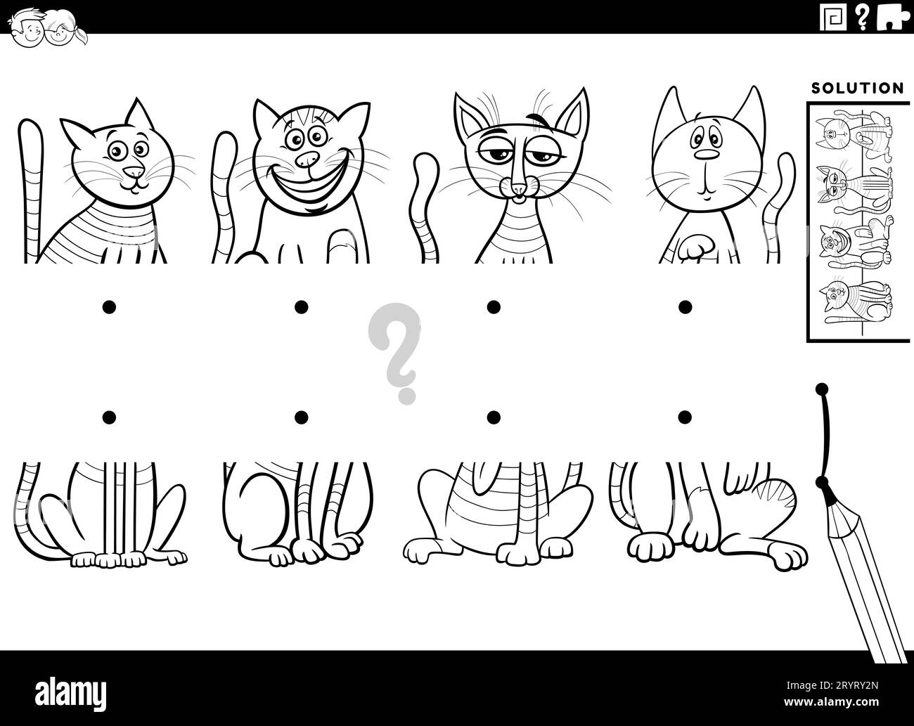 Black and white cartoon illustration of educational task of matching ...