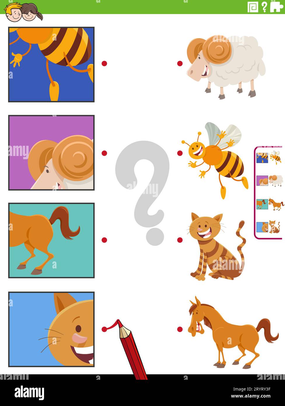 Cartoon illustration of educational matching game with animal ...