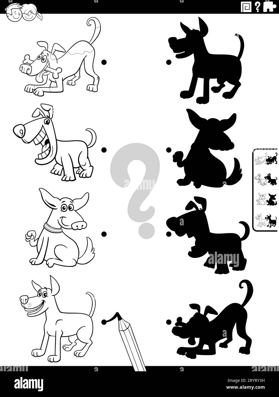 Black and white cartoon illustration of match the right shadows with ...