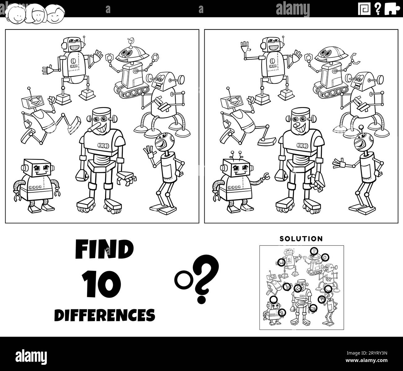Black and white cartoon illustration of finding the differences between ...