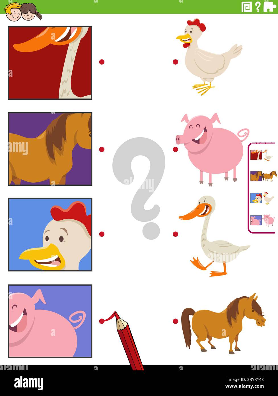 Cartoon illustration of educational matching task with farm animal ...