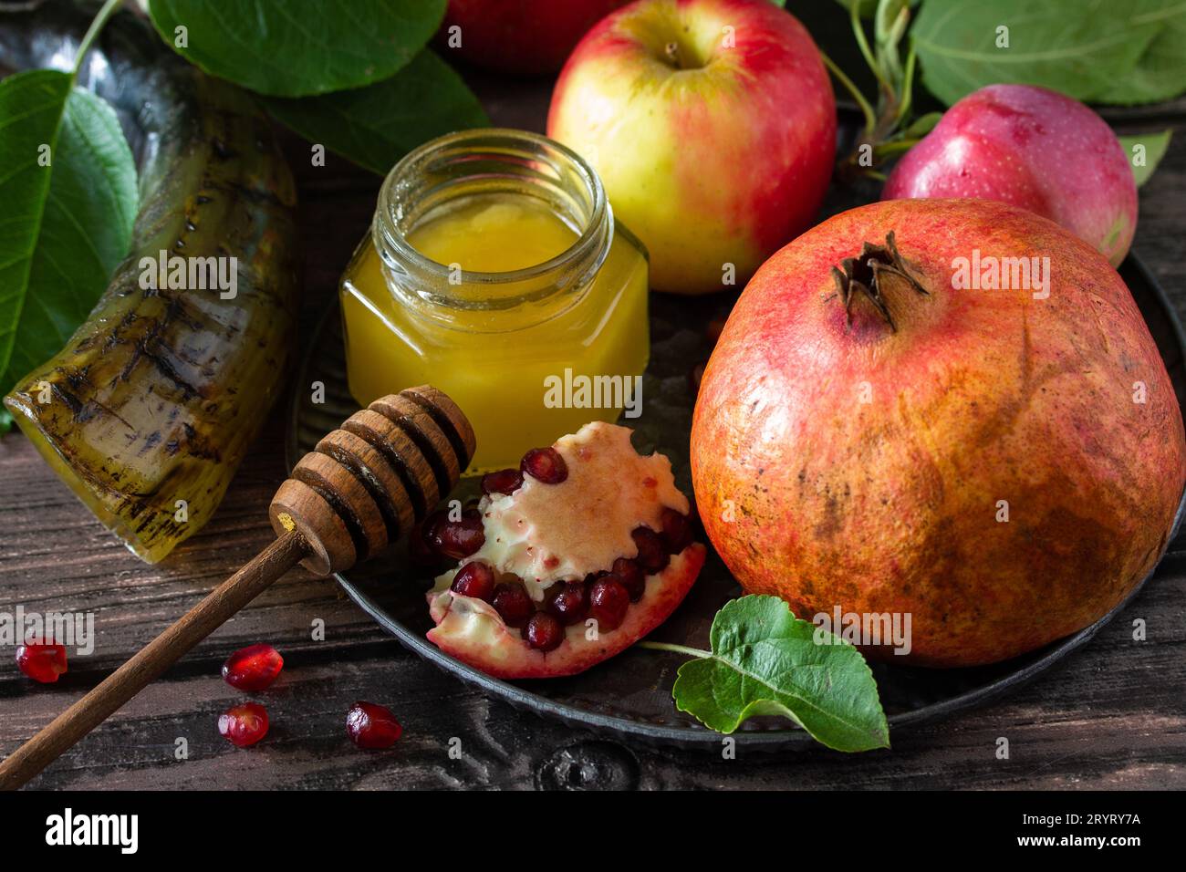 Religion image of Rosh hashanah (jewish New Year holiday) concept. Traditional symbols: honey ...