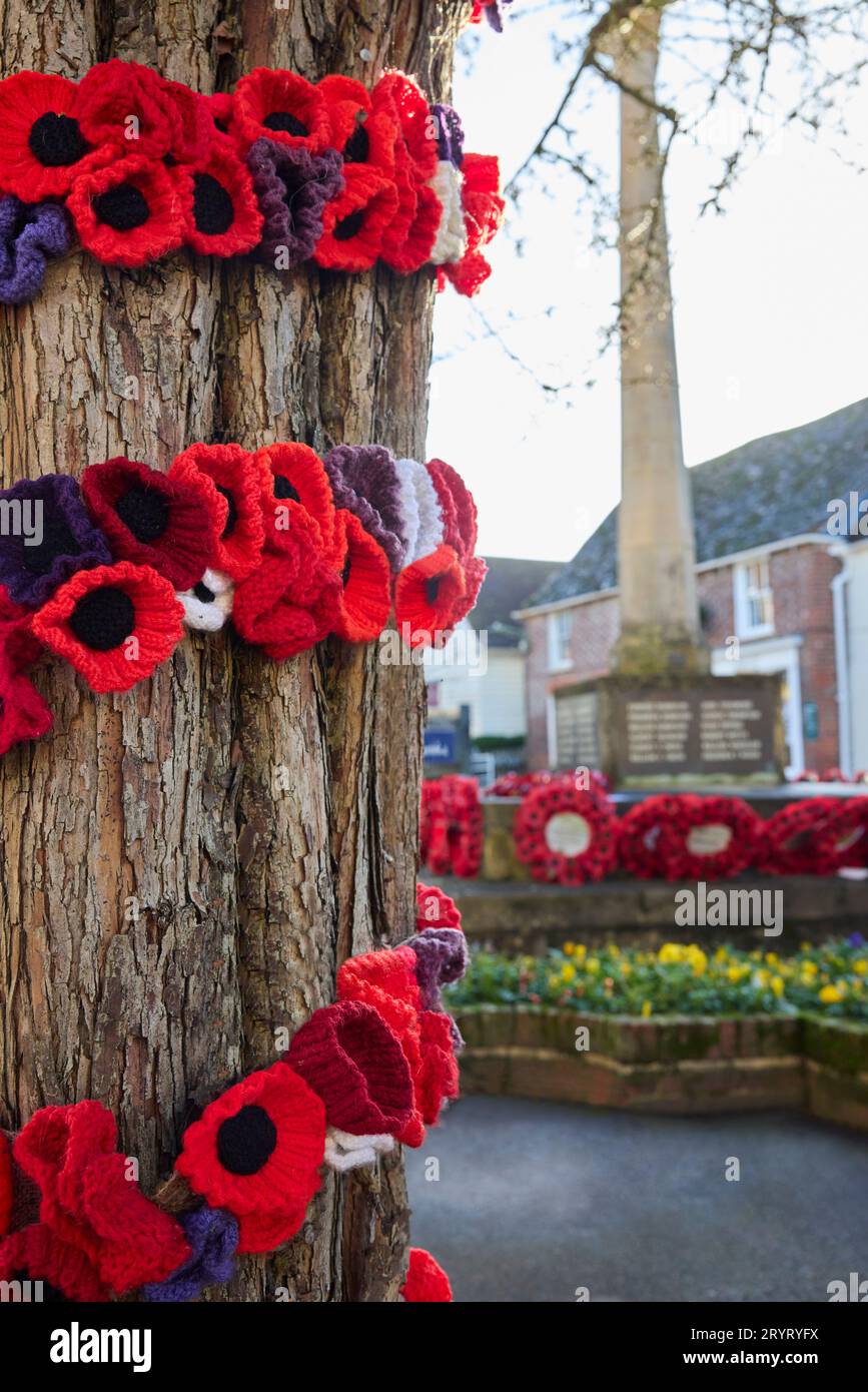 Knitted Poppies Around Tree For Remembrance Day With War Memorial And ...
