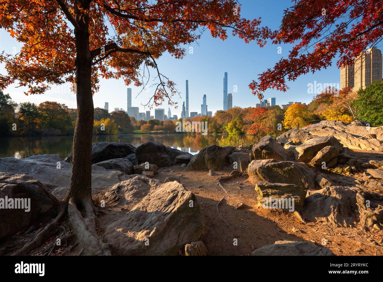 The Lake and boulders in Central Park with Billionaires Row skyscrapers ...