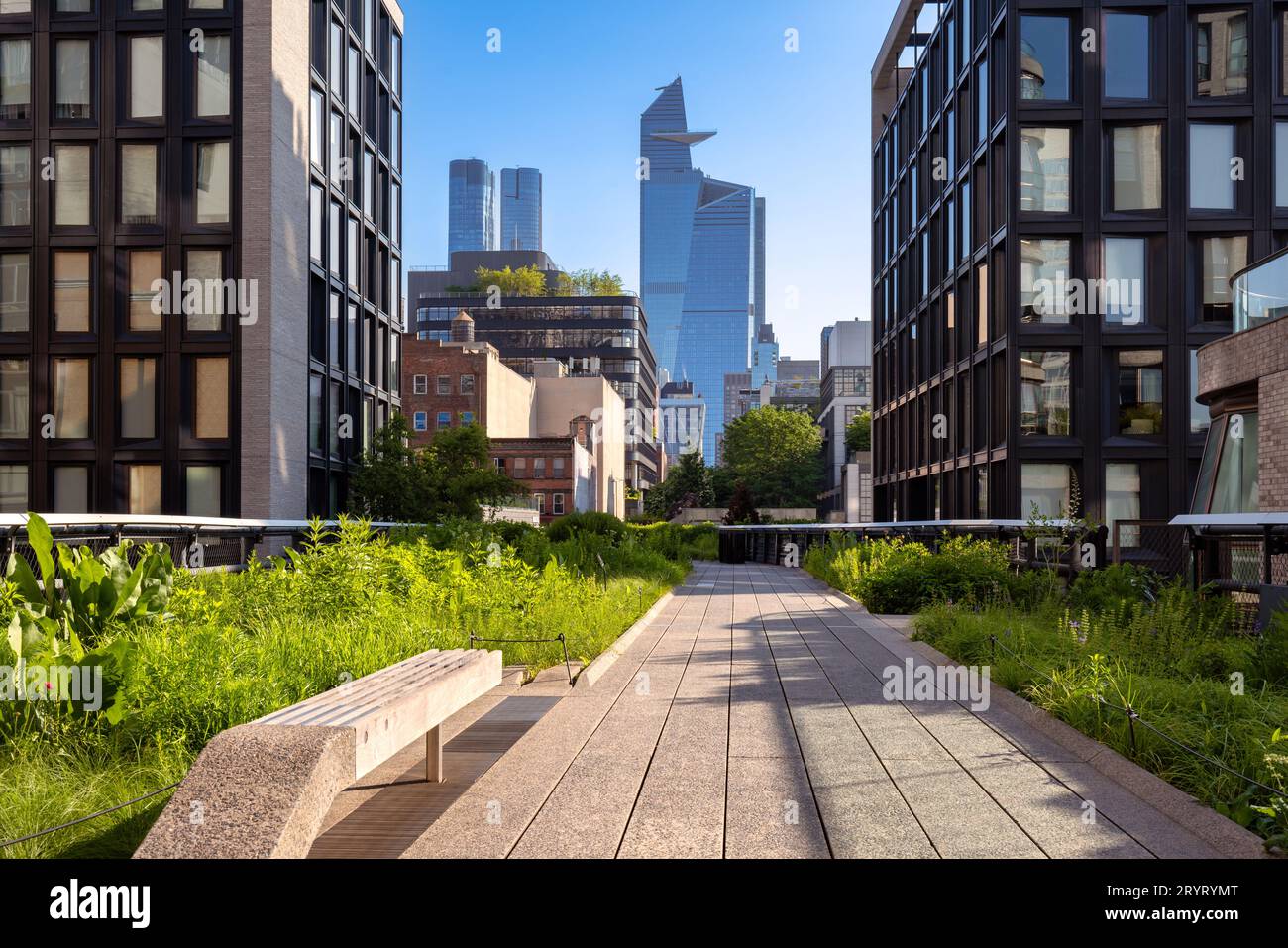 The High Line promenade with Hudson Yards skyscrapers. Elevated ...