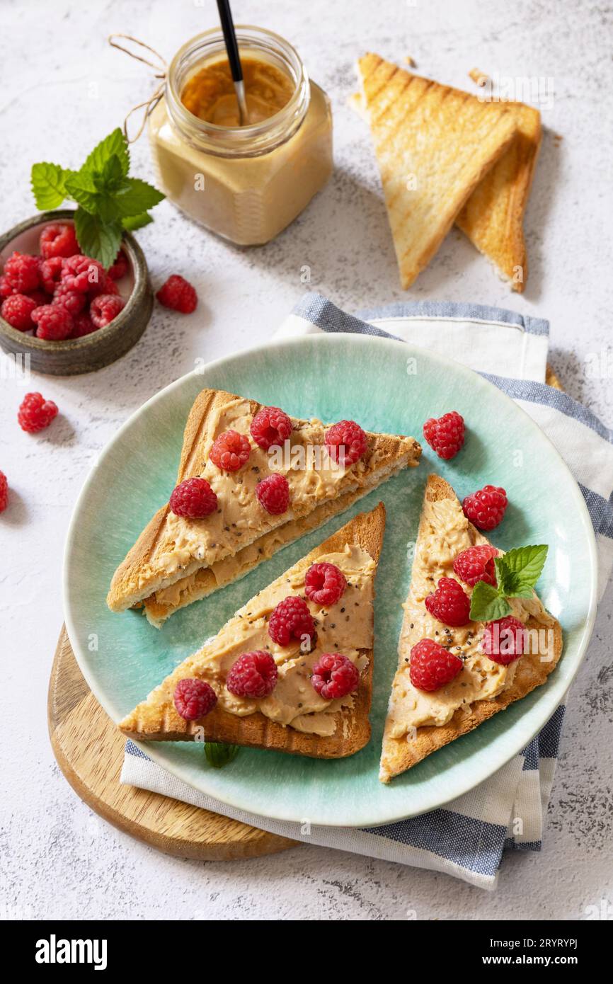 Sweet dessert sandwich breakfast. Tasty bread toasted with peanut ...