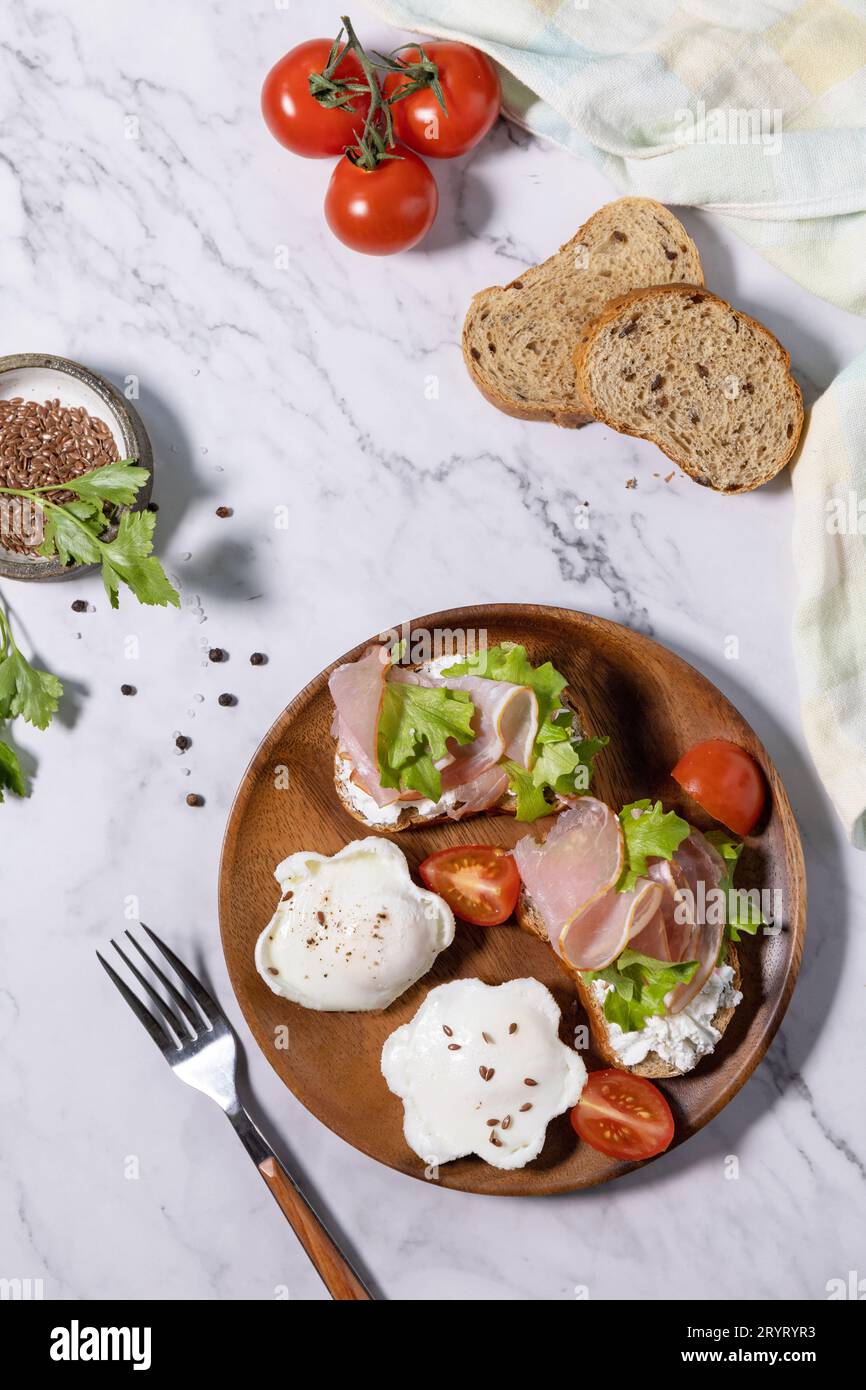 Easter breakfast or brunch. Delicious breakfast or snack - poached egg ...