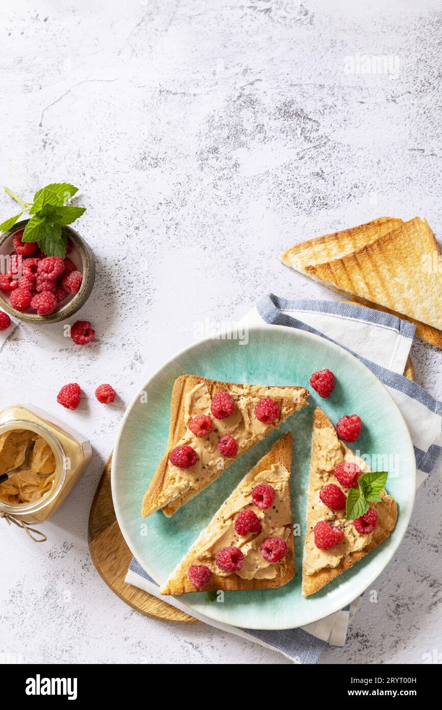 Sweet dessert sandwich breakfast. Tasty bread toasted with peanut ...