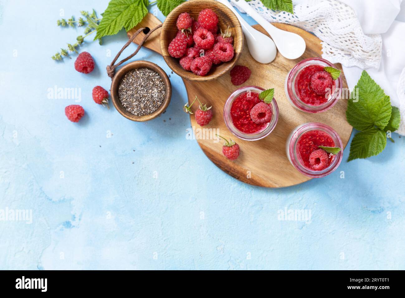 Chia seed pudding with raspberry and jam or smoothies with chia seeds ...