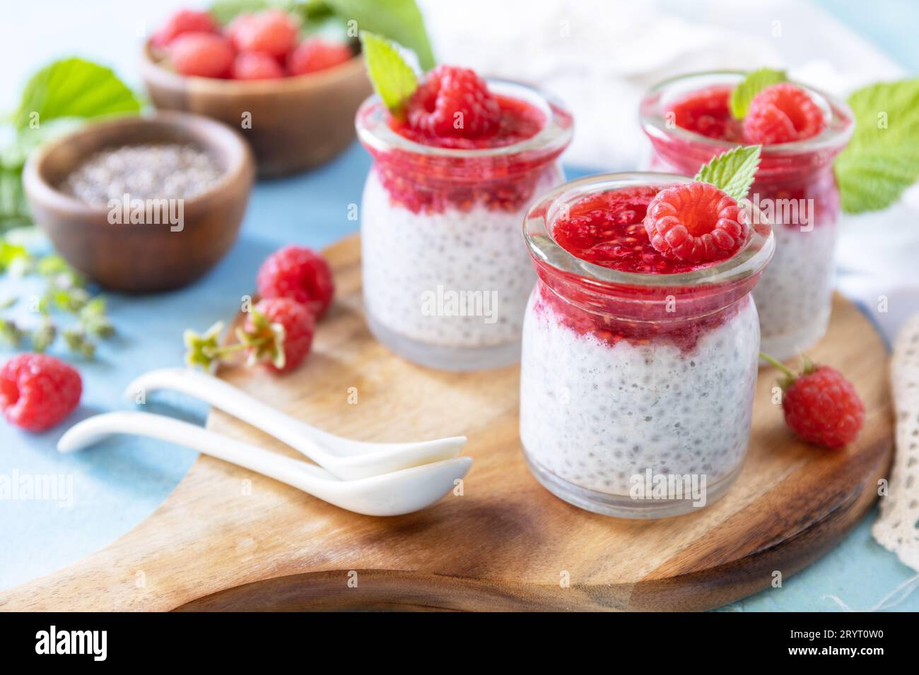 Chia seed pudding with raspberry and jam or smoothies with chia seeds ...