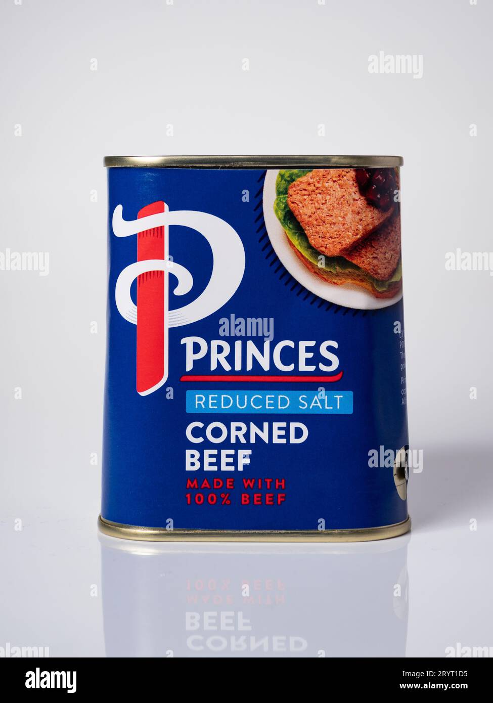 A tin of Princess brand corned beef processed meat isolated on a white ...