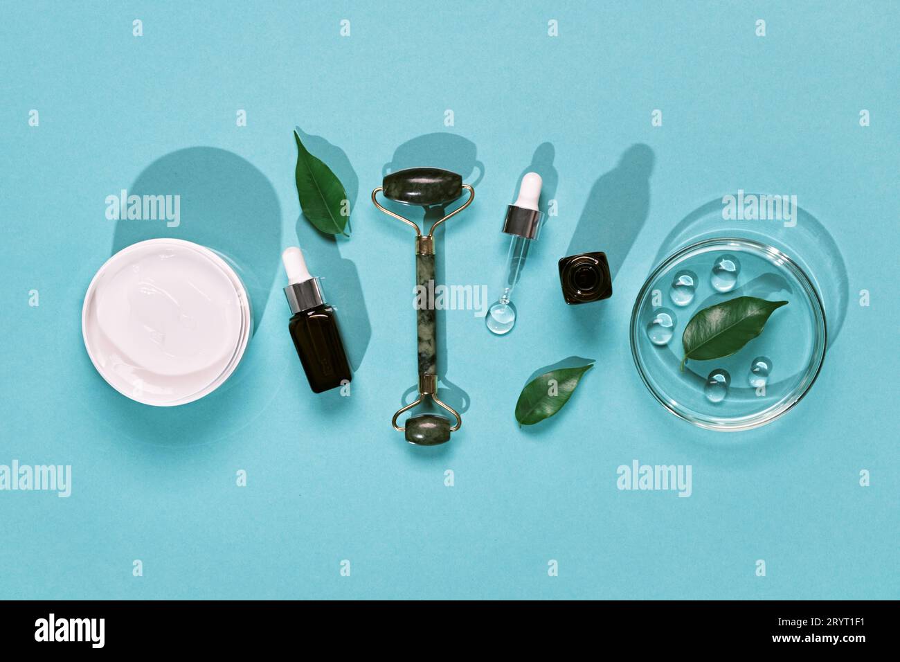 Abstract cosmetic laboratory with chemical glassware and cosmetic ...