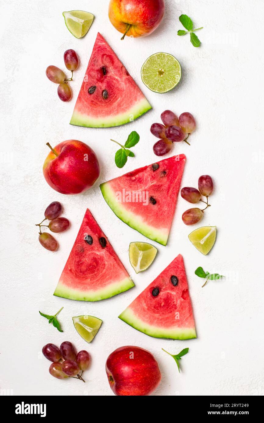Fresh watermelon and fruits on white background. Pattern of watermelon ...