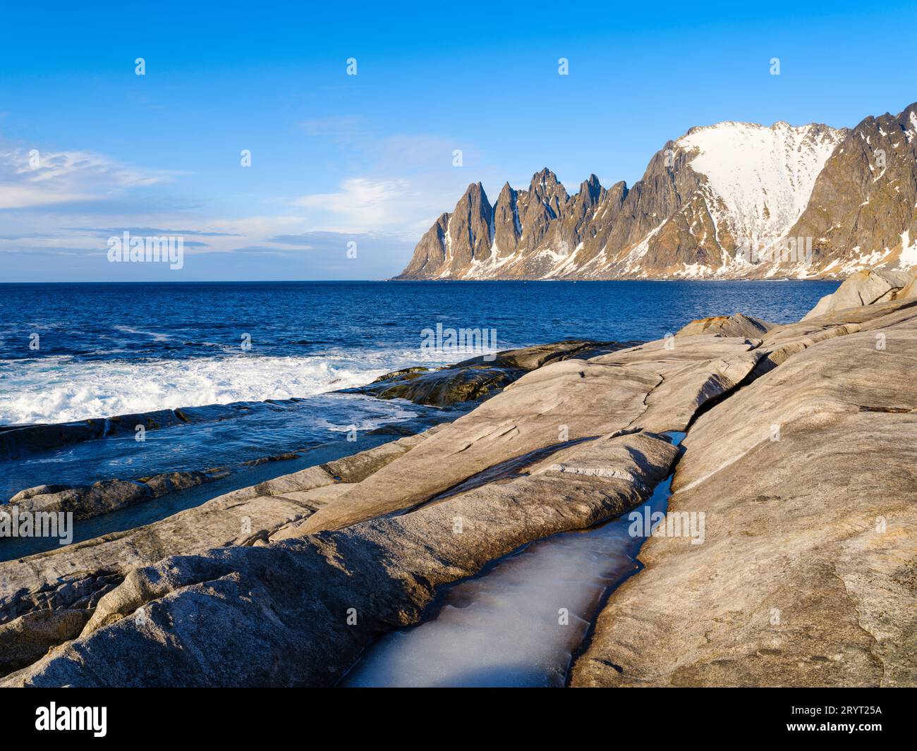Coastal landscape at Tungeneset and the peaks Okshornan (devils teeth ...