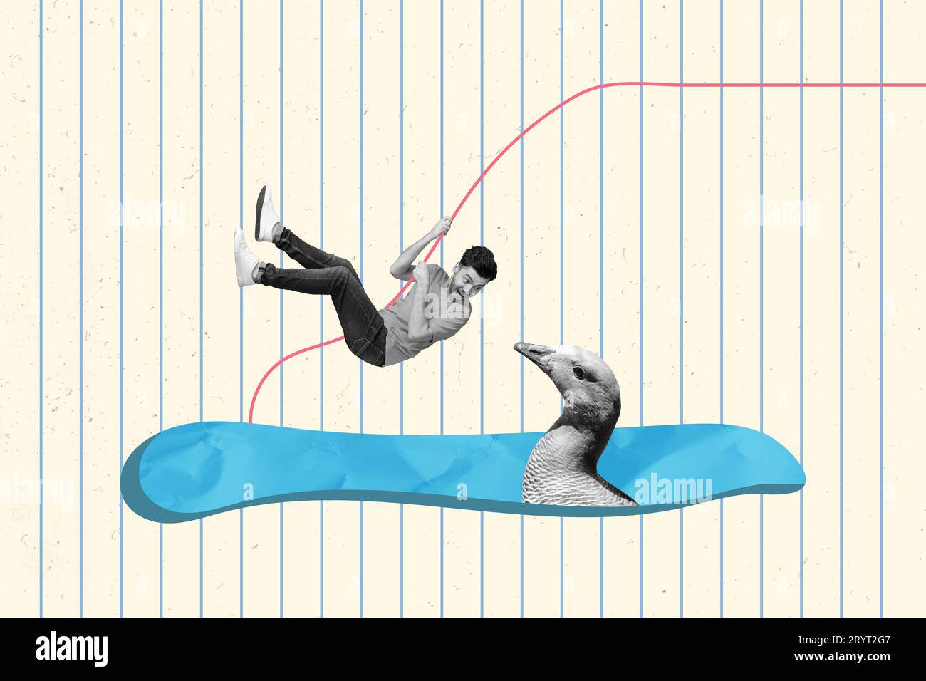 Collage of happy character young guy fly hanging rope in cartoon paper ...