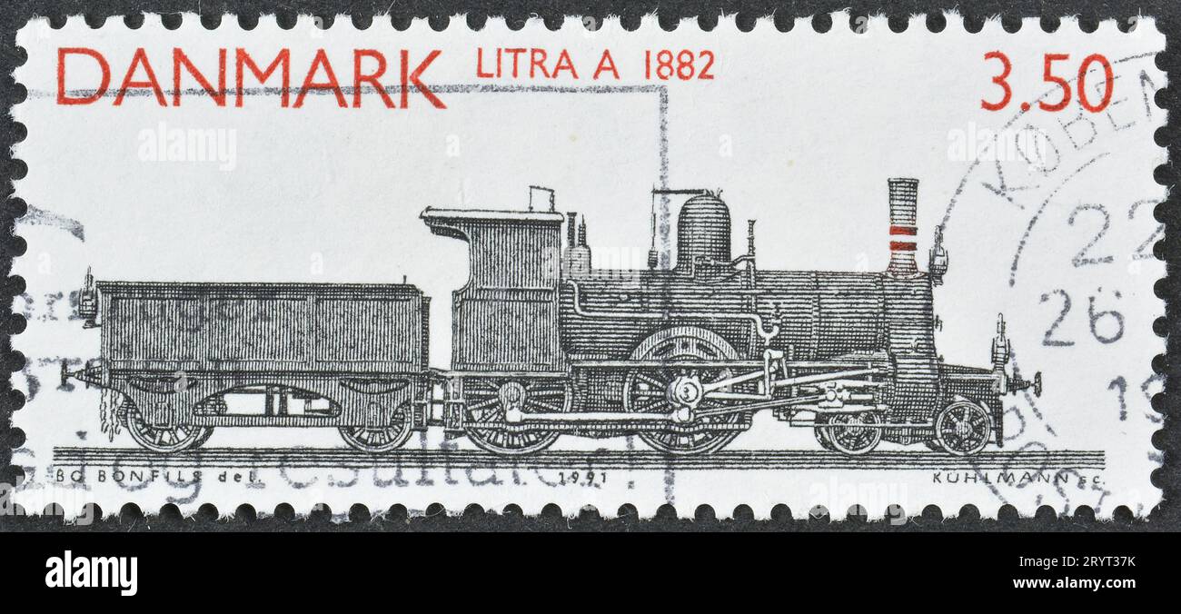 Cancelled postage stamp printed by Denmark, that shows Class A steam ...