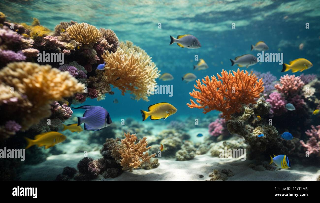 A school of fish swims underneath a vibrant coral reef environment ...
