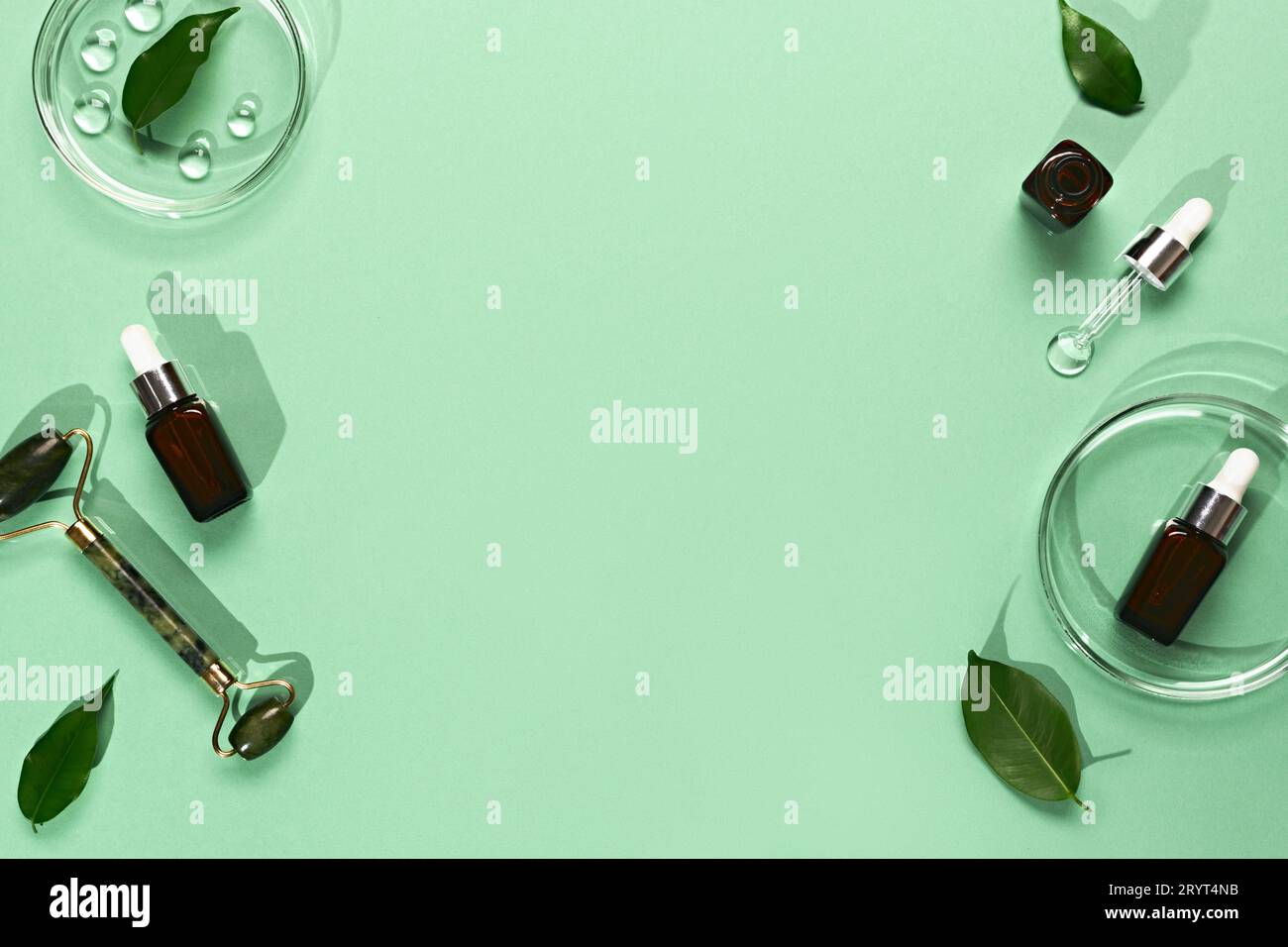 Abstract cosmetic laboratory with chemical glassware and cosmetic ...