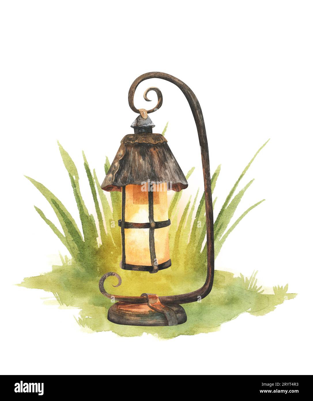 Wild vintage Lantern standing on grass. Hand drawn watercolor ...