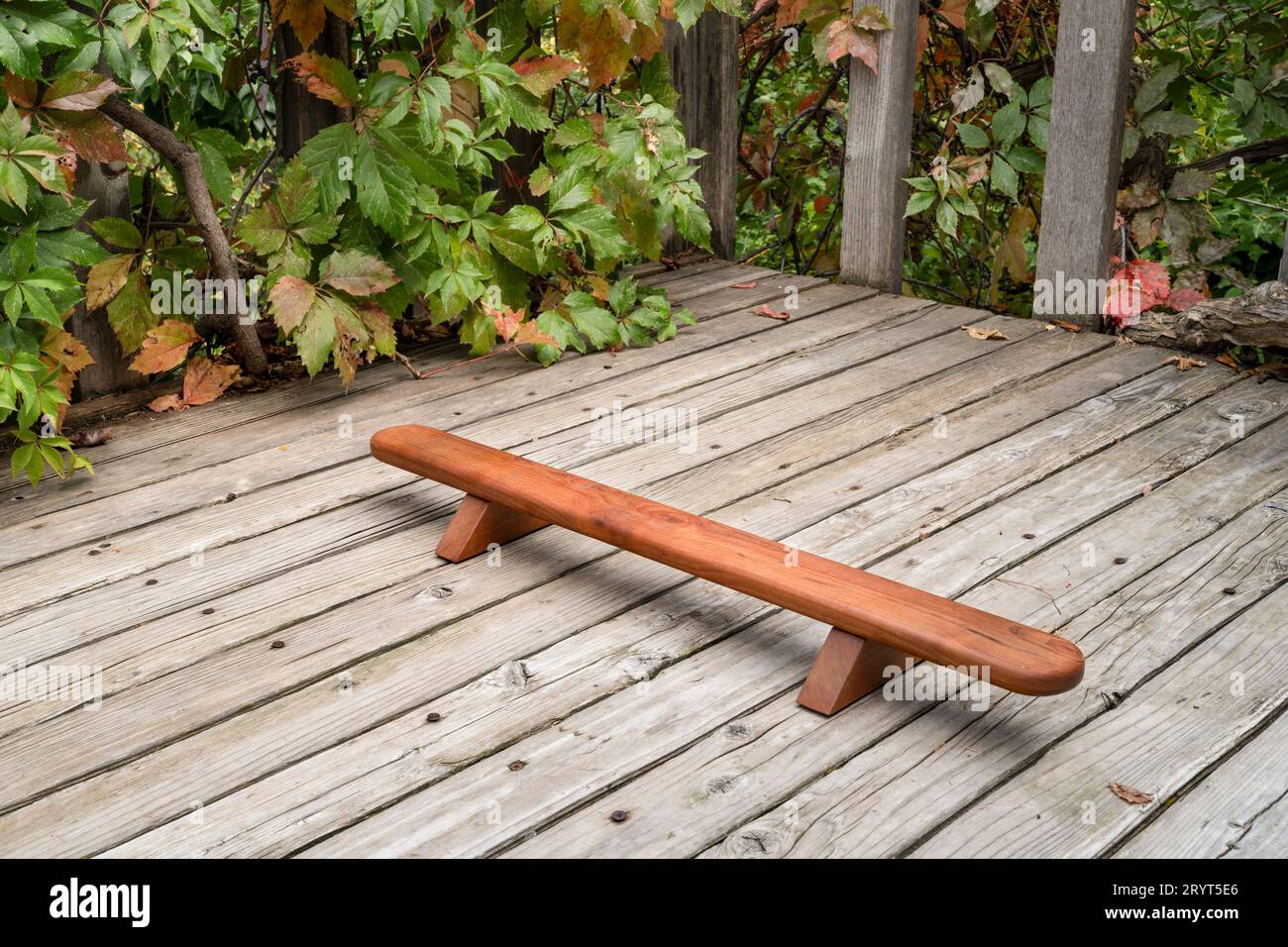 Persian shena push up board on a backyard wooden deck in fall scenery ...