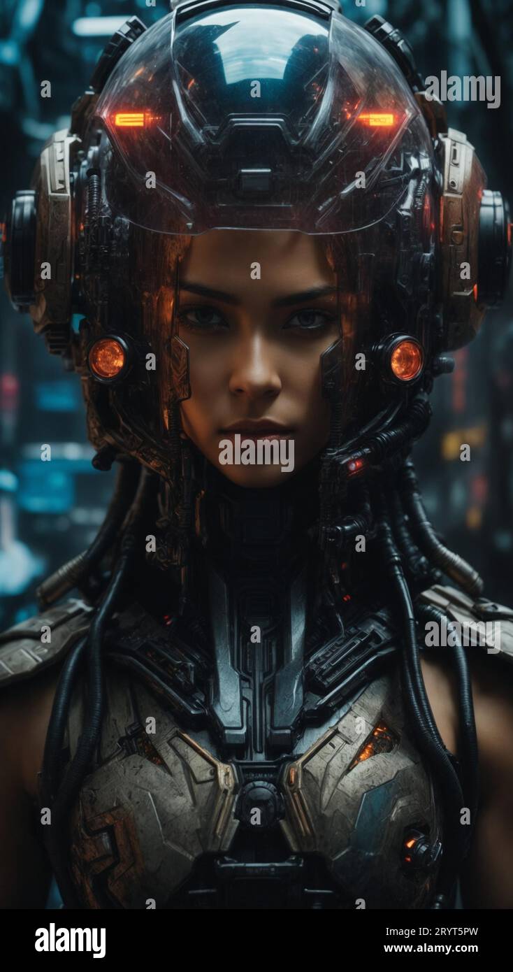 A female standing in an abstract pose wearing a futuristic helmet with ...