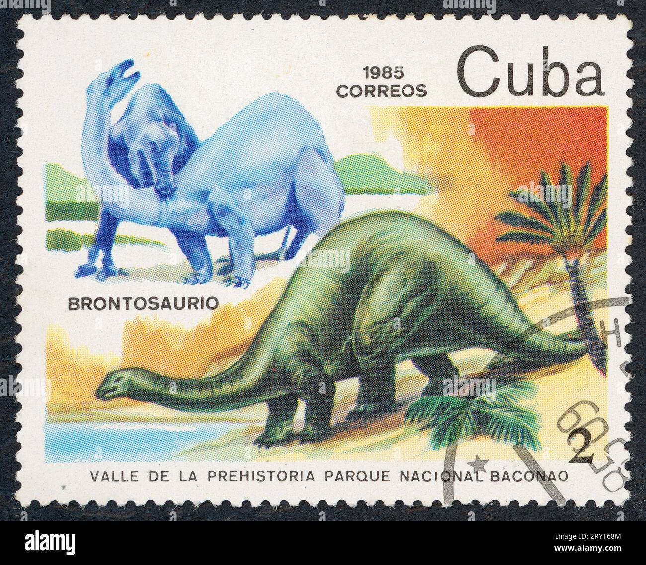 Brontosaurus. Dinosaur series. Postage stamp issued in Cuba in 1985 ...
