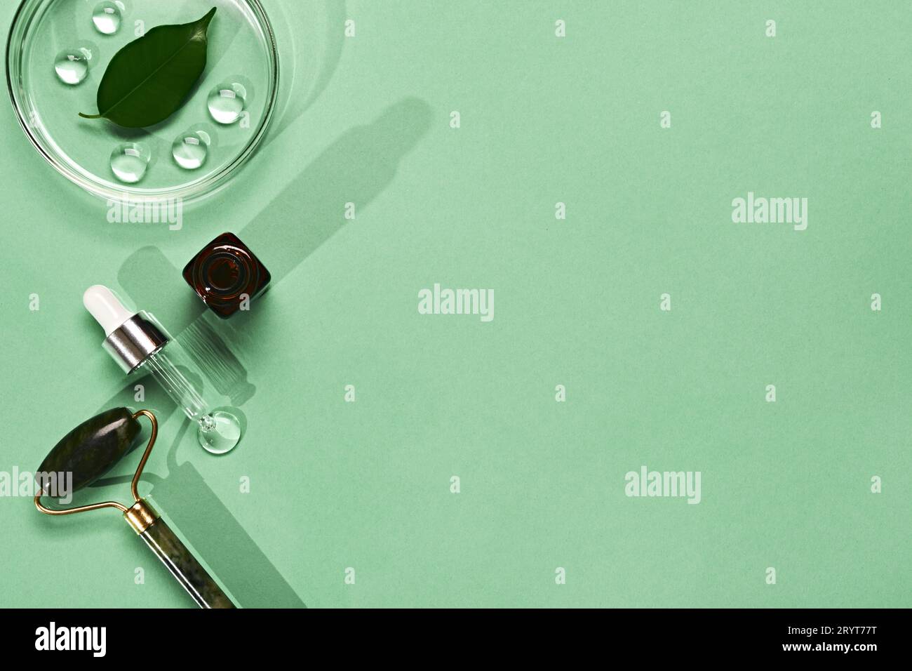 Abstract cosmetic laboratory with chemical glassware and cosmetic ...