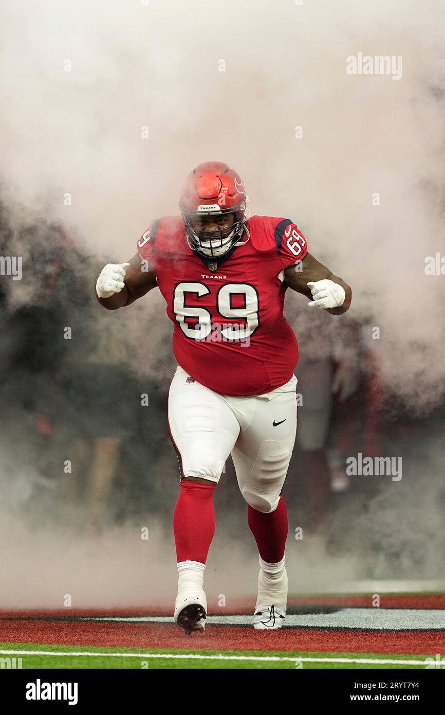 Houston Texans guard Shaq Mason is introduced before an NFL football ...