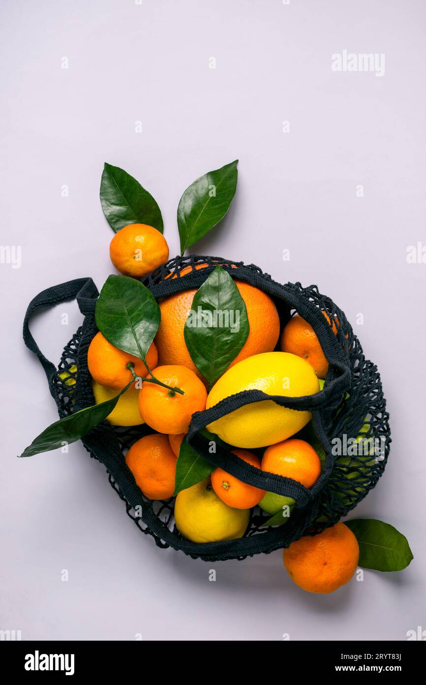 Mesh textile bag full of lemons and tangerines. Healthy food and zero ...