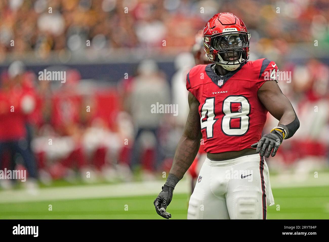 Houston Texans linebacker Christian Harris (48) lines up against the ...