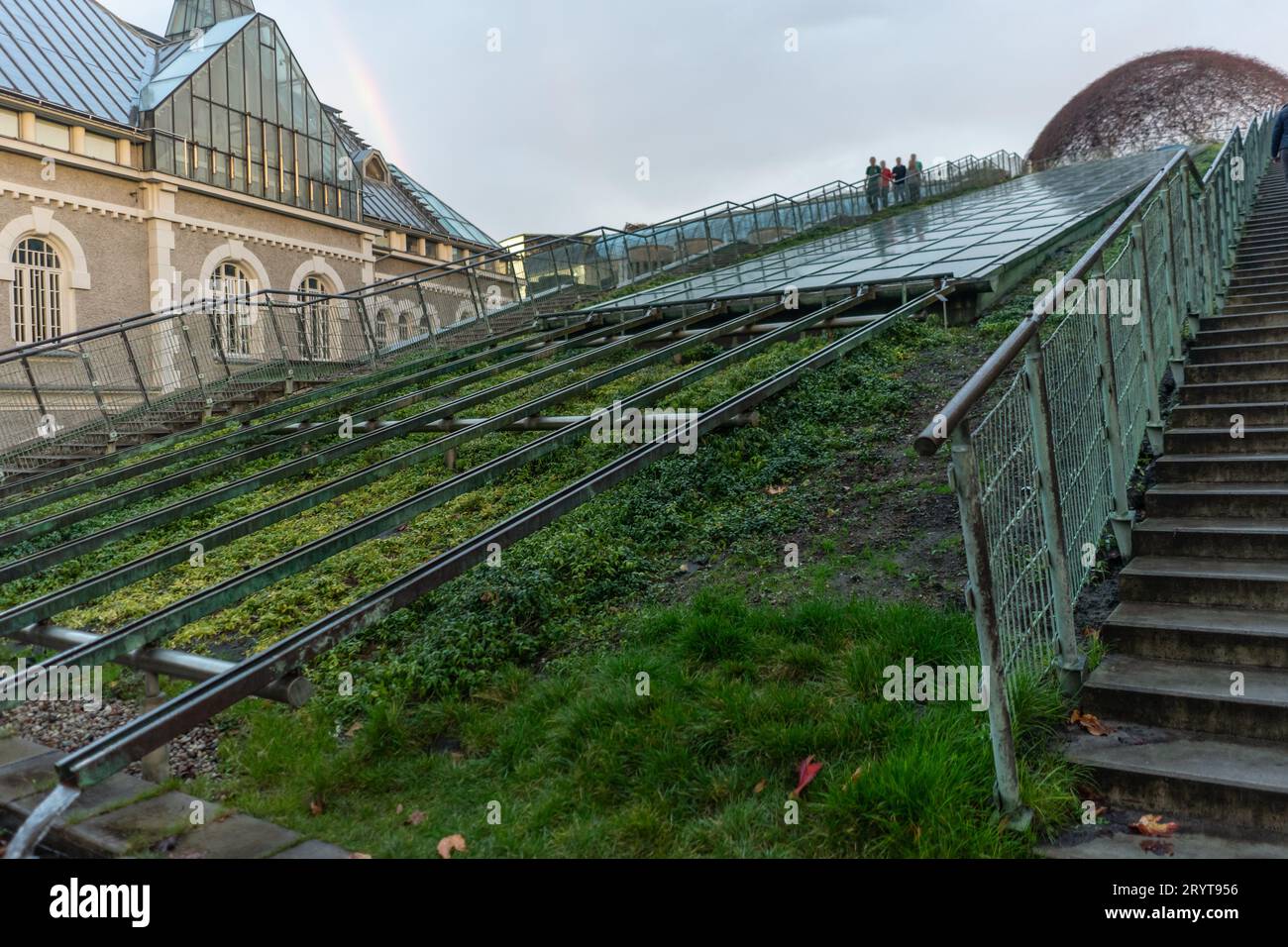 beautiful modern library gardens at Warsaw, autumn sunset Stock Photo ...